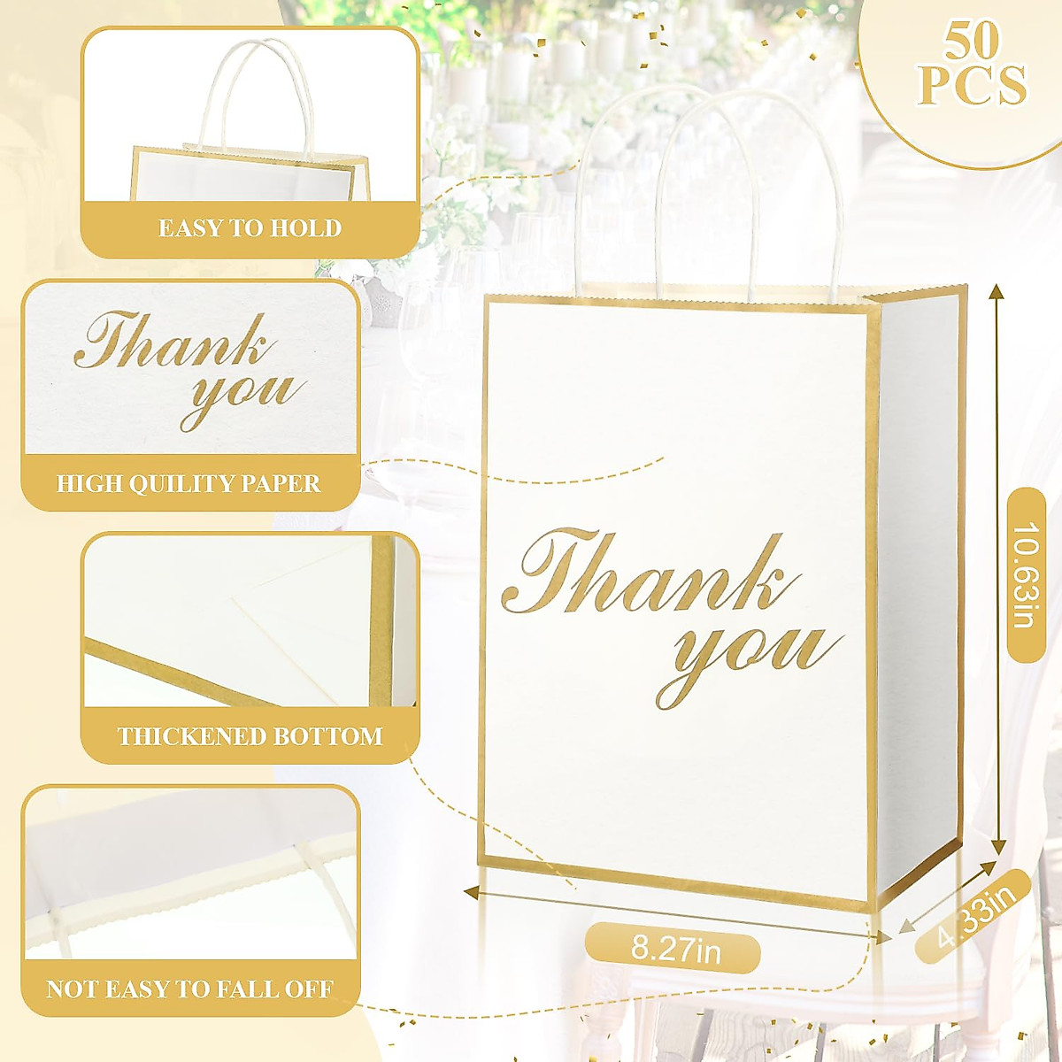 Tenceur 50 Pcs Thank You Gift Bags with Handles, Wedding Party Gift Bags Bulk Thank You Paper Bags for Business, Shopping, Wedding, Baby Shower, Party Favors, 8.27 x 4.33 x 10.63 Inches (White)