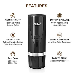 CERA+ Portable Espresso Maker Non-Heating Version Electric Coffee Machine Compatible Ground Coffee NS Pods Fast Brewing Espresso Machine for Office Travel (Electric Extraction Over 100 CUPS)