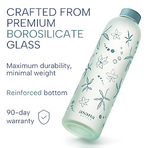Asana Bottle 32 oz Glass Water Bottle with Time Marker, BPA Free Borosilicate Glass, Premium Leakproof Reusable Water Bottle with Times to Drink (Sage Serenity)