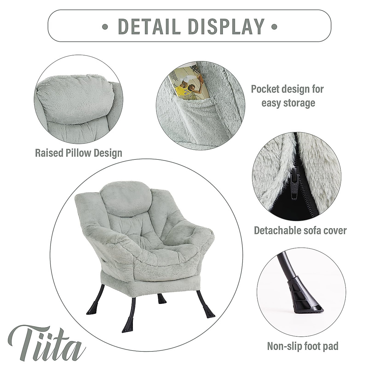 Tiita Lazy Chair with Ottoman, Modern Large Accent Lounge Chair, Leisure Sofa Armchair with Ottoman, Reading Chair with Footrest for Bedroom, Living Room, Dorm Rooms, Garden and Courtyard