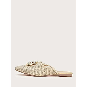 WDIRARA Women's Pointed Toe Flat Mules Slip On Faux Peals Raw Trim Loafer Slides Beige EUR39