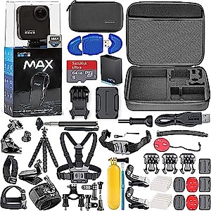 GoPro MAX 360 Waterproof Action Camera 5.6K30 HD Video 16.6MP 360 Photos + 64GB Memory Card, High Speed Card Reader + Max Action Bundle (59 Items)