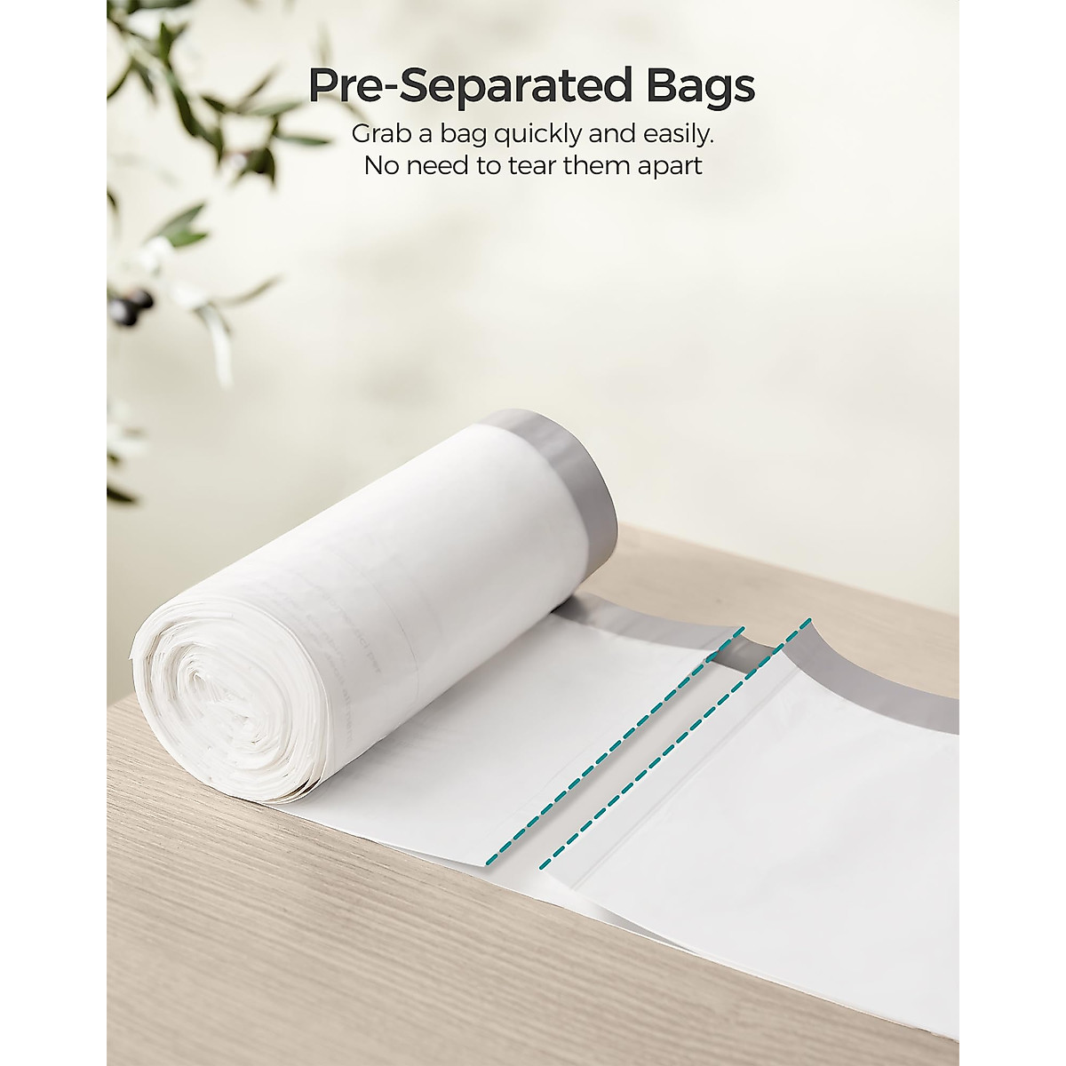 SONGMICS Trash Bags for 12-14.5 Gallon (45-55L) Trash Cans,80 Count Drawstring Kitchen Garbage Bags, Pre-Separated, Liner Code 055A01, 2 Rolls,White UKRB055A02