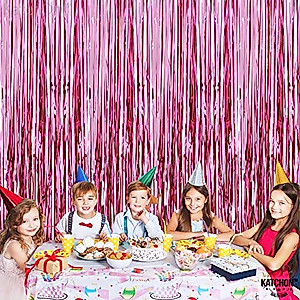 KatchOn, Pink Backdrop for Pink Party Decorations - XtraLarge 6.4x8 Feet, Pack of 2 | Pink Foil Fringe Curtain | Metallic Pink Fringe Backdrop, Pink Streamers Party Decorations | Pink Tinsel Backdrop