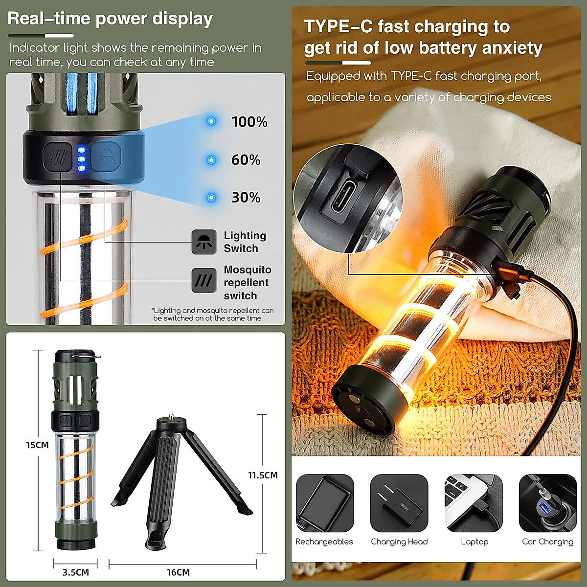 1pack Mosquito Repeller Lamp 329°F Heating 30ft Protection 3-in-1 Mosquitoes Killer USB Rechargeable Camping Light Flashlight,IPX5 Waterproof Portable Electric Bug Zapper Magnetic Design (2)