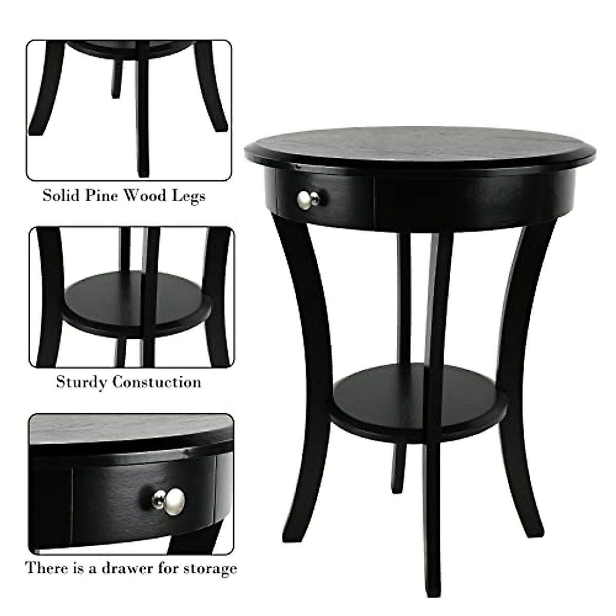 ECOMEX Round Wood Side Table, 20 Inch Wood Curved Legs Living Room Table with Storage Shelf with Intersecting Pedestal Base, Black End Tables for Kitchen, Dining Room, Bedroom, Coffee Bar, Sofa