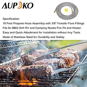 Aupoko Propane Line Stainless Extension Hose, 16 Feet Stainless Propane Hose Assembly with 3/8" Female Flare Fittings, Fits for RV, Gas Grill, Fire Pit, Heater and More, with Gas Line Pipe Thread Tape