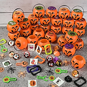 ATFUNSHOP 240PCS Halloween Party Favors 30Packs Prefilled Small Pumpkins With Assorted Halloween Toys In Bulk Trick or Treat Miniatures for Classroom Students Exchange Halloween Carnival Prizes