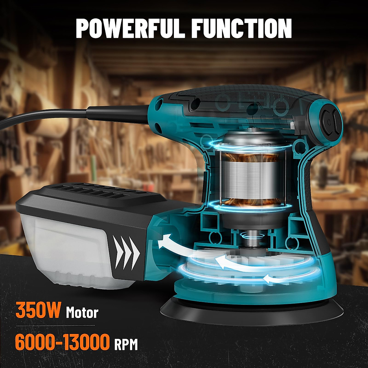 DOVAMAN ROS01A Orbital Sander, 3A Random Orbit Sander, 6 Variable Speeds, Up to 13000 rpm, 12pcs Sandpapers, 5in Sanding Pad, Dust Collection, Electric Sander Perfect for Woodworking