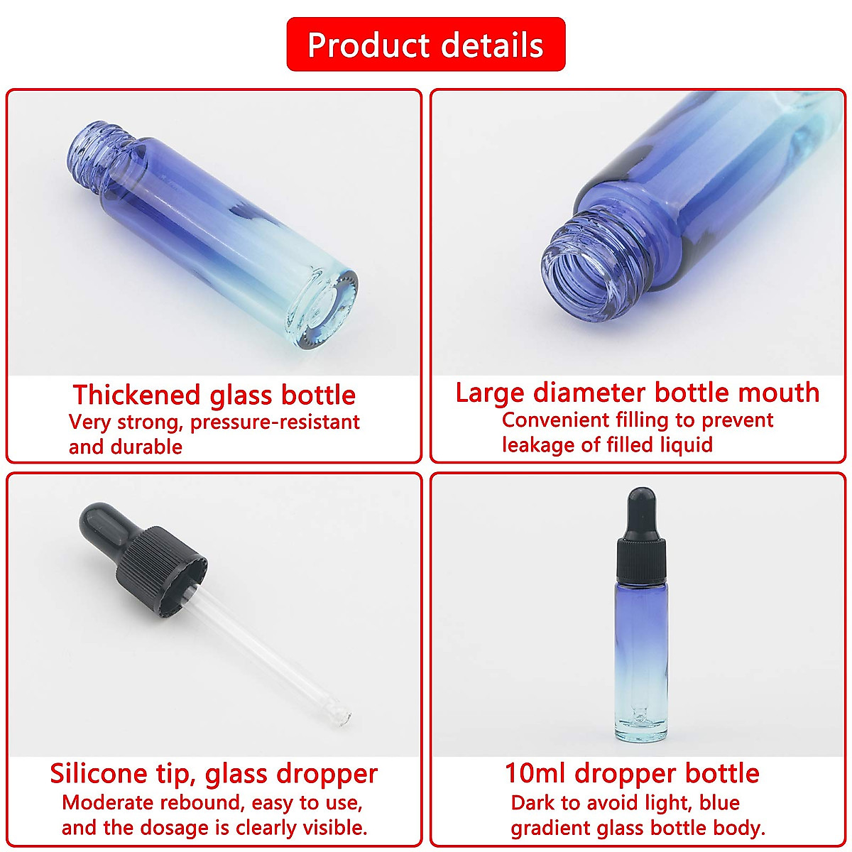 Ellbest 10pcs 10ml Dropper Glass Bottles Reusable Blue Gradient Dropper Bottles with Eye Dropper, perfect for Carrying Outside