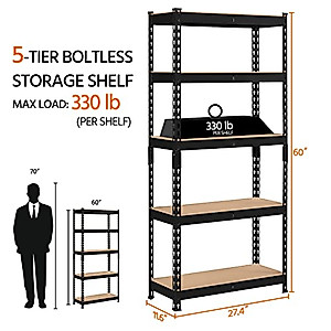 Topeakmart 4 PCS 5-Tier Utility Shelves, Metal Storage Shelves Garage Shelving Unit Adjustable Garage Storage Shelves Storage Racks Heavy Duty Shed Shelving-Black, 27.5 x 12 x 60 Inch