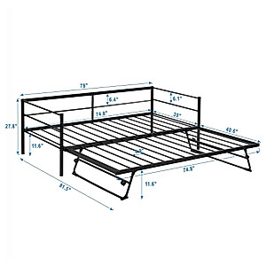 ATY Twin Size Daybed with Adjustable Pop Up Trundle, Sturdy Metal Bedframe w/Safety Guardrail, Perfect for Dorm,Guest Room, Bedroom, Easy Assemble, Black