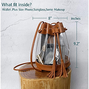 HOXIS Clear Purse Drawstring Bucket Crossbody Bag with Tassel Women PVC shoulder handbag for stadium approved (Brown)
