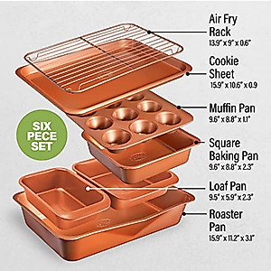 6 Piece Non-Stick Bakeware Set Includes Baking Pans, Cookie Sheet, Loaf Pan, Muffin Tin and more with Premier Ti-Cerama Copper Coating 100% PFOA Free,Graphite