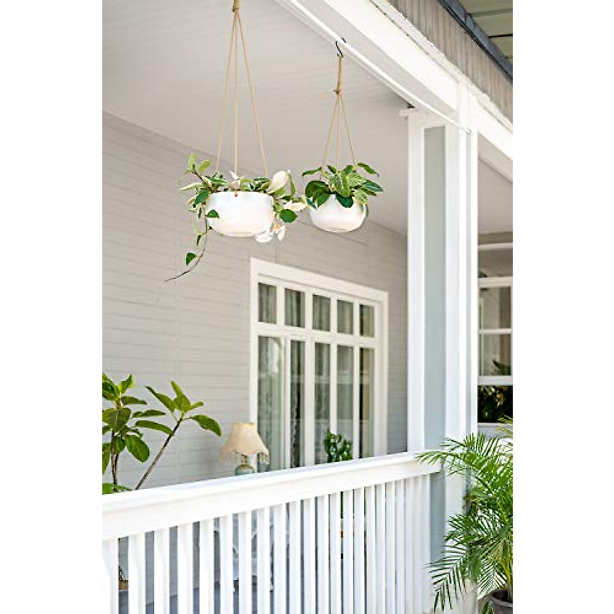 Mkono Ceramic Hanging Planter of Shallow 8 Inch and Deep 6 Inch for Indoor Outdoor Plants, Set of 2 Modern Plant Pot Geometric Porcelain Hanging Basket with Polyester Rope Hanger for Herbs Ferns Ivy