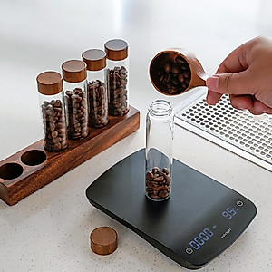 watchget 6-Piece Single Dose Coffee Bean Storage Kit with Walnut Wood Base, Glass Vials & Funnel - Airtight Dosing Canisters for Barista Home Brewing, 6 Tubes