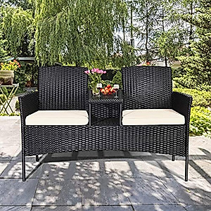 HAPPYGRILL Patio Rattan Loveseat Outdoor Porch Furniture PE Wicker Loveseat with Coffee Table Conversation Sofa with Cushions for Garden Lawn Backyard Poolside