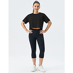THE GYM PEOPLE Women's Workout Crop Top T-Shirt Short Sleeve Boxy Yoga Running Cropped Basic Tee Black