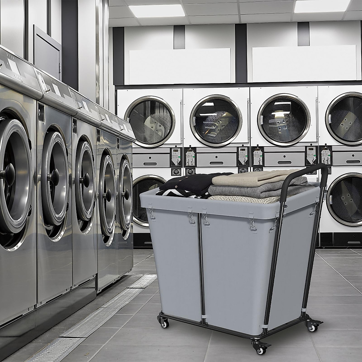 huyear Laundry Cart with Lockable Wheels 2 Section, 240L Large Capacity Commercial Laundry Sorter Rolling Laundry Cart with Sturdy Steel Frame and Removable Waterproof Bags, Laundry Hamper for Storage