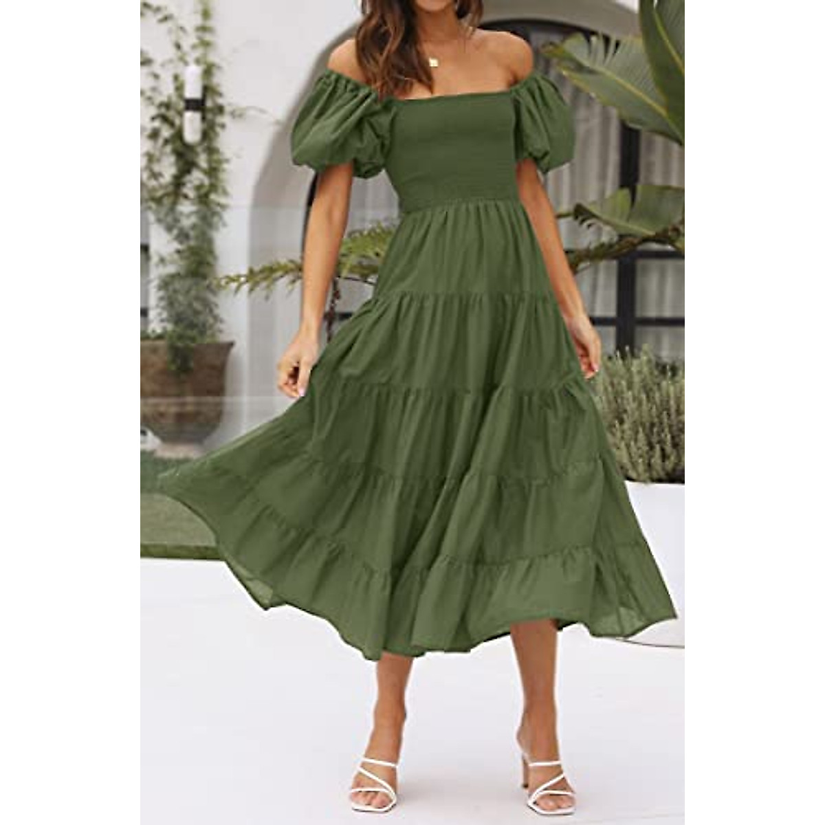 ZESICA Women's 2023 Summer Square Neck Short Puff Sleeve Solid Color High Waist Casual Smocked Flowy A Line Tiered Midi Dress,ArmyGreen,Small