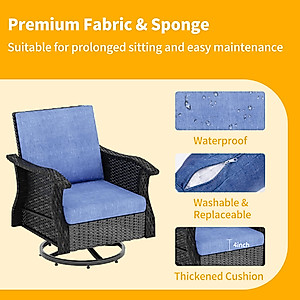 KICOFI Manual Weaving Wicker Patio Furniture Set 3 Pieces, Outdoor Swivel Rocking Chairs with Side Table, Patio Conversation Set with Comfy Cushions for Backyard, Garden, Balcony, Poolside Denim Blue