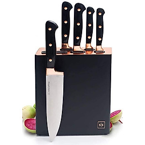 Copper Knife Set, A Knife Set with Sharpener Built-In, Upright 7-Piece Rose Gold Knife Set - Self Sharpening Knife Set With Block, Rose Gold Kitchen Accessories