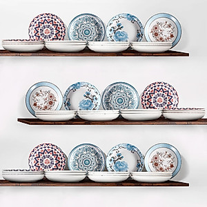 Artena Pasta Bowls Set Of 4, 20oz Porcelain Salad Bowls, 8 Inch Bowls For Kitchen, Colorful Dinner Plates & Solid Soup and Sandwich Plate Combo, 16 oz Soup Bowls/Mugs/Cups with Handles