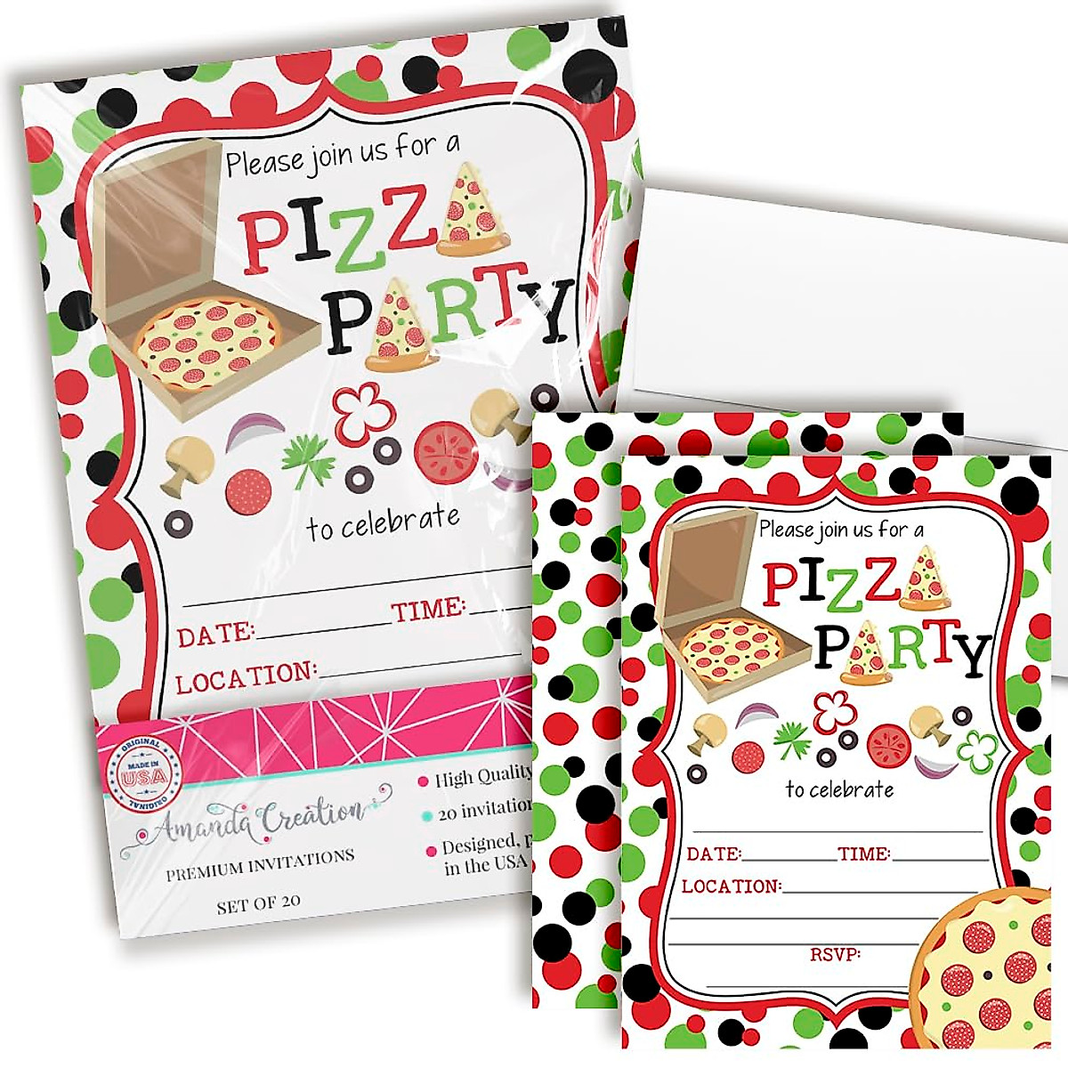 Pizza Party Themed Birthday Party Invitations for Kids, 20 5x7 Fill In Cards with Twenty White Envelopes by AmandaCreation