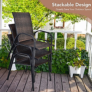 Tangkula Set of 6 Outdoor PE Wicker Stackable Chairs, Patio Dining Chairs with Sturdy Steel Frame, Outdoor Arm Chairs for Garden, Yard, Deck and Lawn (1, Mix Brown)