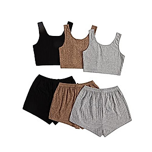 SOLY HUX Womens Pajamas Lounge Set 3 Sets Sleepwear Rib Knit Crop Tank Top and Shorts PJ Summer Outfits Multi S