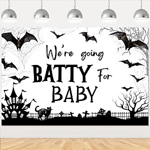 kreat4joy Halloween Baby Shower Decorations Backdrop, Bat Baby Shower Decorations We're Going Batty for Baby Backdrop Banner for a Baby is Brewing Baby Shower Photography Background Decorations