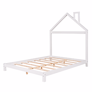 Full Size House Platform Bed Frame Mattress Foundation with Headboard/No Box Spring Needed/Easy Assembly, White
