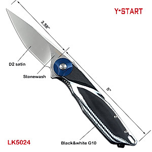 Y-START Flipper Front Open Pocket Knives D2 Satin Blade G10 Handle LK5024 (BLACK&WHITE)