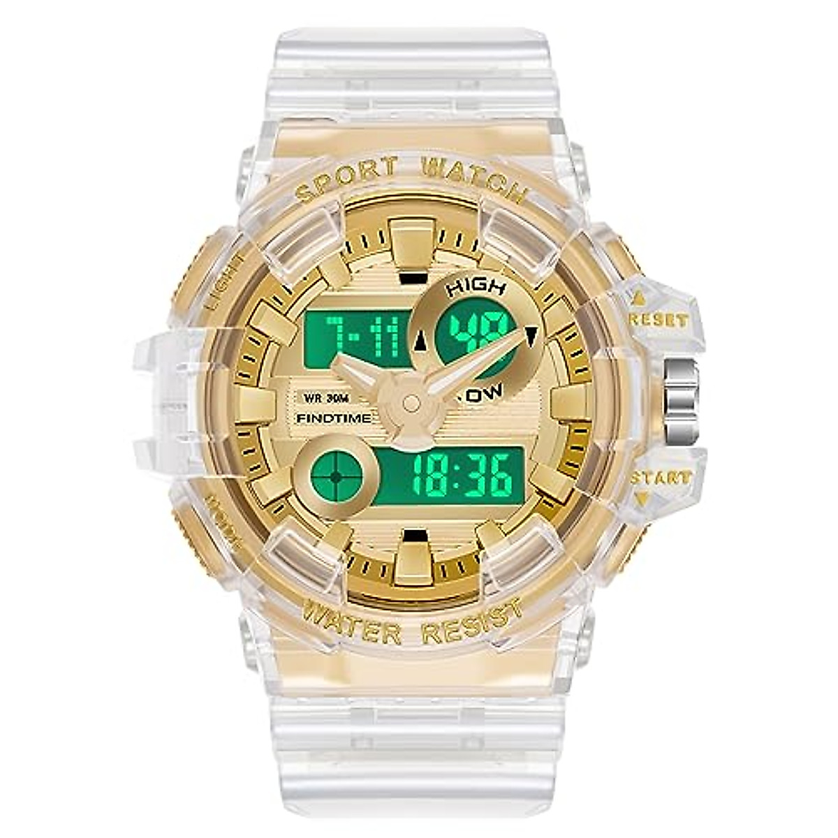 findtime Mens Watch Digital Large Face Outdoor Sport Watch Stopwatch for Men Alarm Tactical 30M Waterproof Watches for Men Military Transparent Design