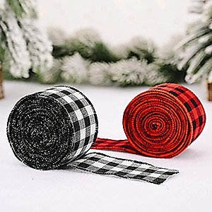 4 Rolls White Red Wired Edge Ribbon Christmas Plaid Ribbon and Burlap Craft Ribbon for DIY Wrapping Party Crafts Decor (4, White Red)