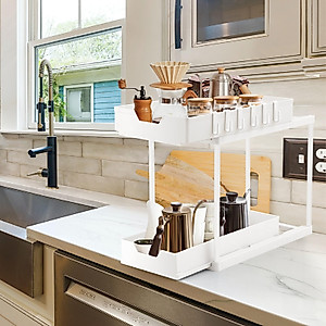 2-Tier Under Sink Organizer Storage, Double Sliding Under Cabinet Basket Organizer with 2 Pull Out Drawers & 4 Hooks, Multi-Purpose Under Shelf Organizer for Bathroom Kitchen (White, 2 Pack)