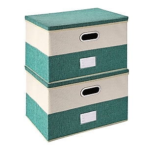 Fassave Foldable Storage Bins with Lids, 2 Packs Fabric Storage Container Basket Cube with Handles for Office, Bedroom, Closet (Small-2 Pack, Beige&Turquoise)