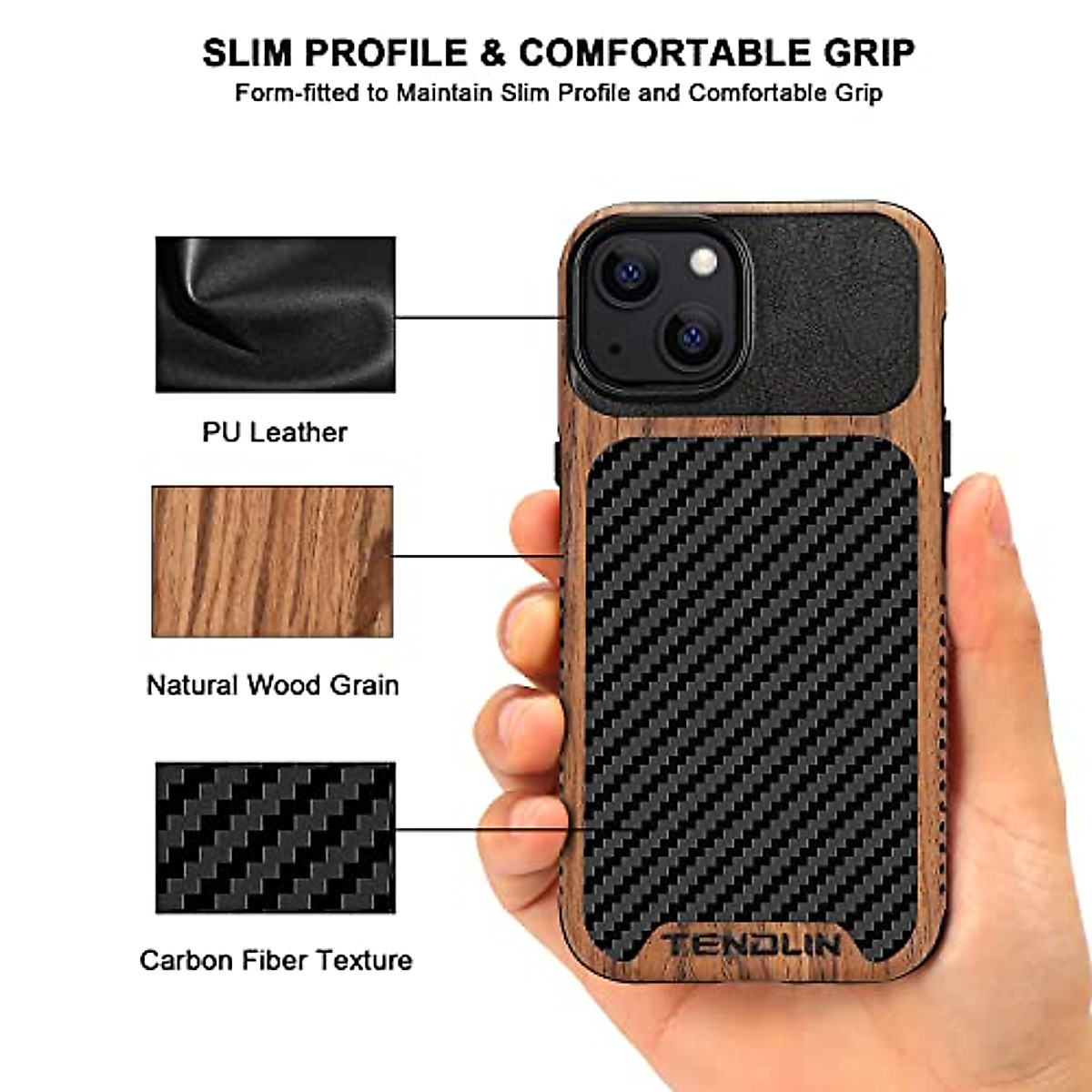 TENDLIN Compatible with iPhone 13 Case Wood Grain with Carbon Fiber Texture Design Leather Hybrid Case Compatible for iPhone 13 6.1-inch Released in 2021 Black