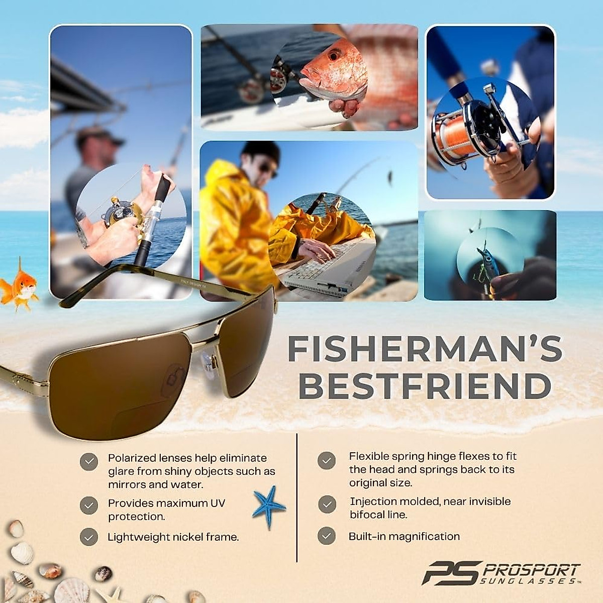 proSPORT Square Aviator Polarized Bifocal Sunglasses Gold Frame Brown Lens +3.00 Sunglasses for Men. Nearly Invisible Line Readers