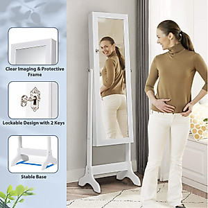 COSTWAY Standing Jewelry Armoire Cabinet, 4-Angle Tilting Jewelry Organizer with Full-length Mirror and Large Storage Capacity, Lockable Jewelry Cabinet for Bedroom, Dressing Room (White)