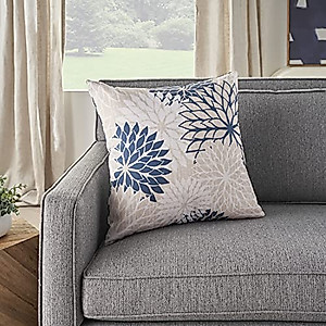 Mina Victory Aloha Floral Ivory/Navy 20" x 20" Outdoor Throw Pillow, Botanical, Patio, Couch, Bench, Easy Clean, Zipper Closure,