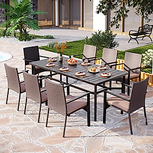 PHI VILLA 9 Pieces Outdoor Dining Set for 8, Large Rectangle Wrought Iron Table with Umbrella Hole & Cushioned Wicker Chairs, Dining Furniture for Patio, Deck, Yard, Porch
