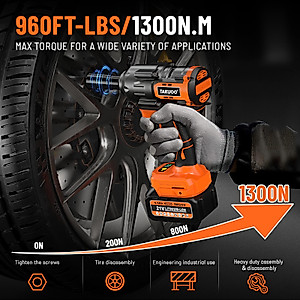 Takuoo 1300N.m(960Ft-lbs) Cordless Impact Wrench High Torque, 1/2" 21V Brushless Impact Gun w/2x 4.0AH Battery Fast Charger, Electric Power Impact Wrench for Truck RV Heavy-duty, 5 Sockets, Tool Box