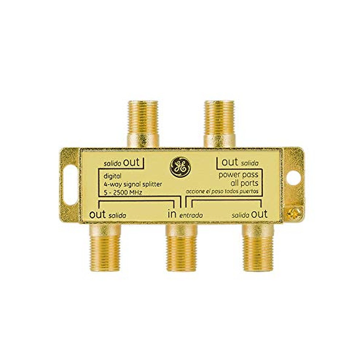 GE Digital 4-Way Coaxial Cable Splitter, 2.5 GHz 5-2500 MHz, RG6 Compatible, Works with HD TV, Satellite, High Speed Internet, Amplifier, Antenna, Gold Plated Connectors, Corrosion Resistant, 33527