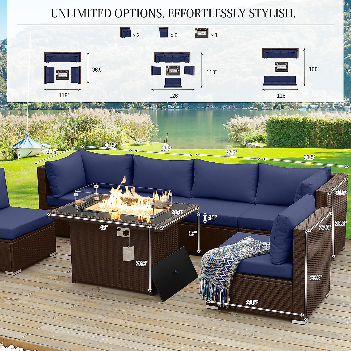 BULEXYARD High Back Brown PE Rattan Outdoor Patio Furniture Set with Propane Fire Pit Table, Large Wicker Outside Sectional Furniture Sofa Conversation Sets for Backyard(Navy Blue, 9Pcs-A)