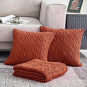 Homiest Cable Knit Throw Blanket and Pillow Set, Rust Throw Blanket Set of 3, Knitted Throw Blanket (50"x60") & 2 Pillow Covers (18"x18"), Soft & Cozy Decorative Throw Blanket for Couch Bed Sofa