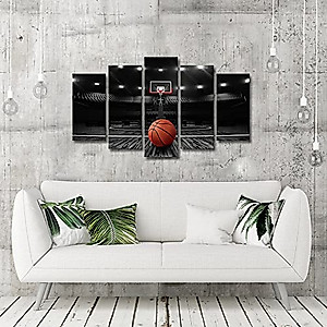 Derkymo 5 Pieces Basketball Court Pictures for Bedroom Black and White Canvas Wall Art Sports Painting Prints Artwork for Living Room Boys Room Stretched and Framed Ready to Hang 24"x40"(5 Pieces)