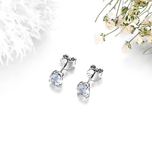 ZhenCai Women Stud Earrings S925 Sterling Silver Round 5mm Natural Gemstone Birthstone Rhodium Plated Fine Jewelry (Natural Aquamarine)