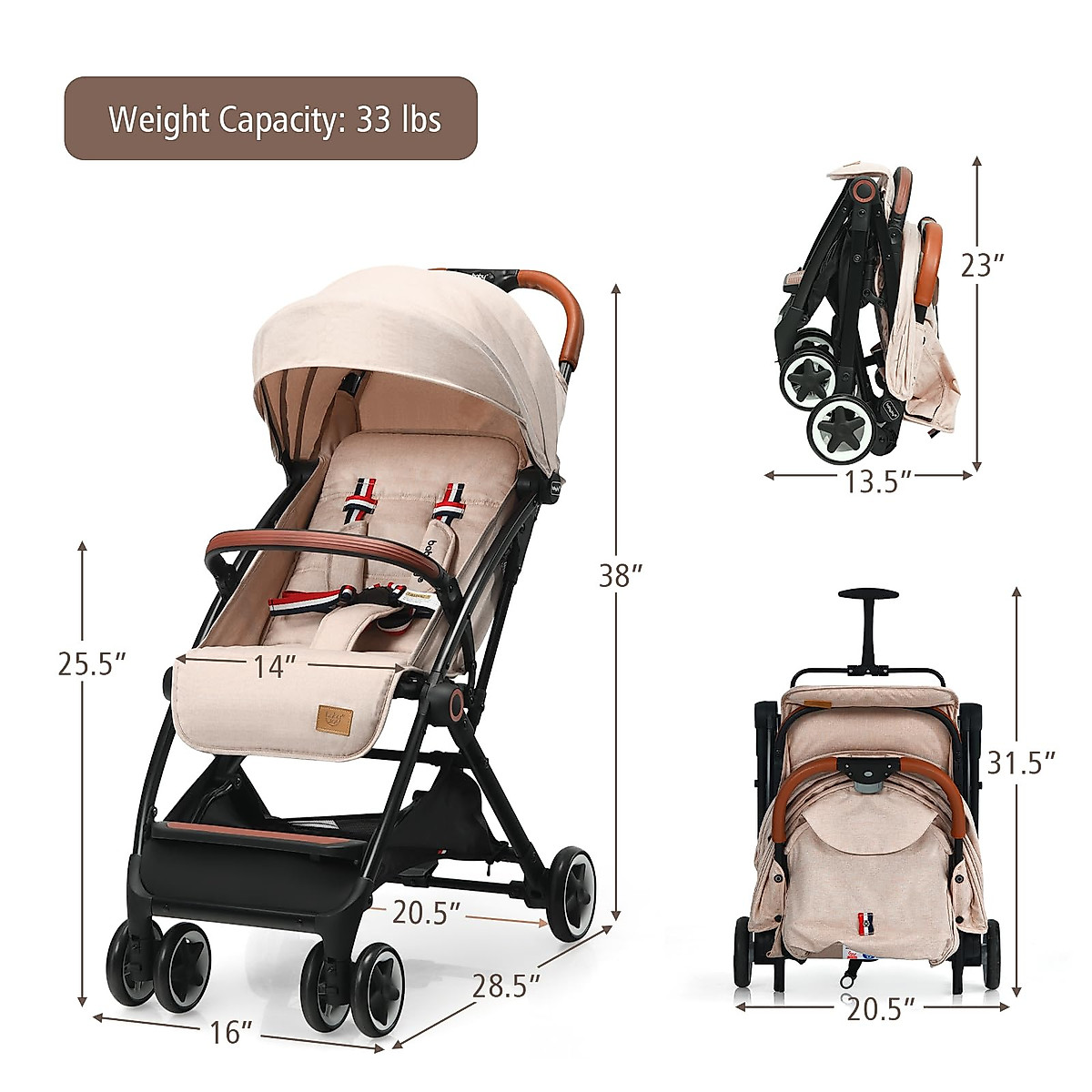 BABY JOY Lightweight Baby Stroller, Compact Toddler Travel Stroller for Airplane, Infant Stroller w/ 5-Point Harness, Adjustable Backrest/Footrest/Canopy, Storage Basket, Easy One-Hand Fold, Beige
