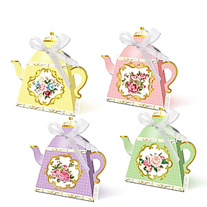 24 PCS Floral Tea Party Favor Bags Teapot Favor Boxes Tea Time Party Decorations for Birthday Wedding Bridal Baby Shower Tea Party